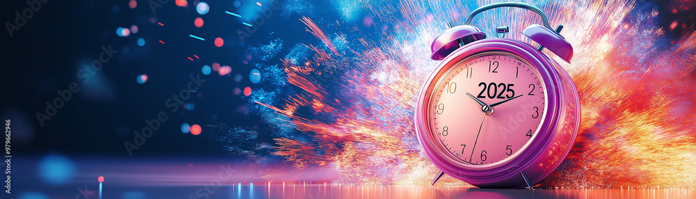 3D cartoon alarm clock bursting open like a firework, with 2025 ...