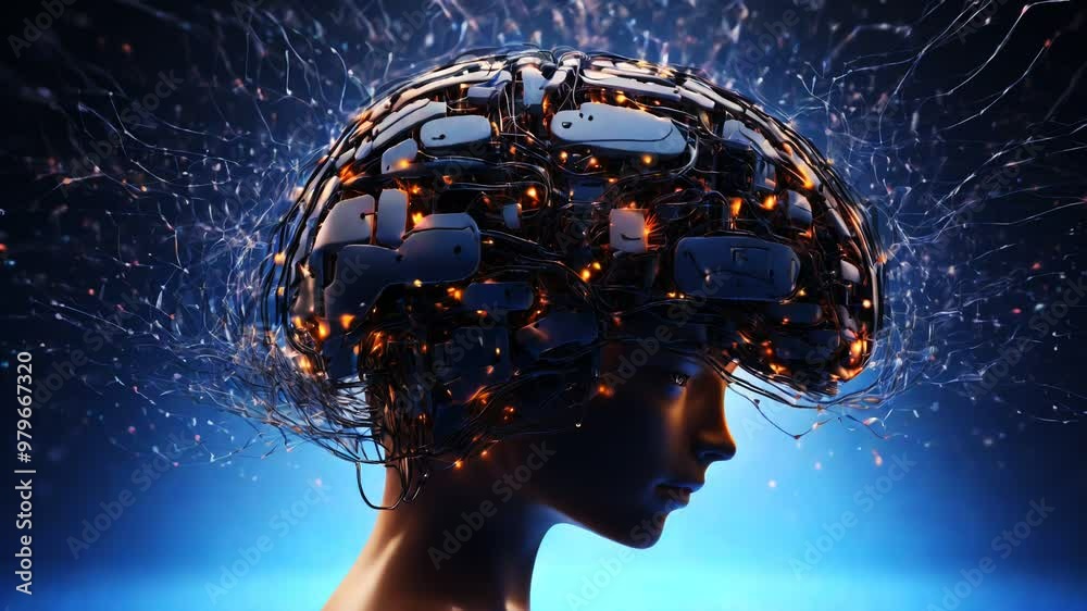 Flying inside the Digital Brain of Artificial Intelligence, Bid data. Illustration of thought ...