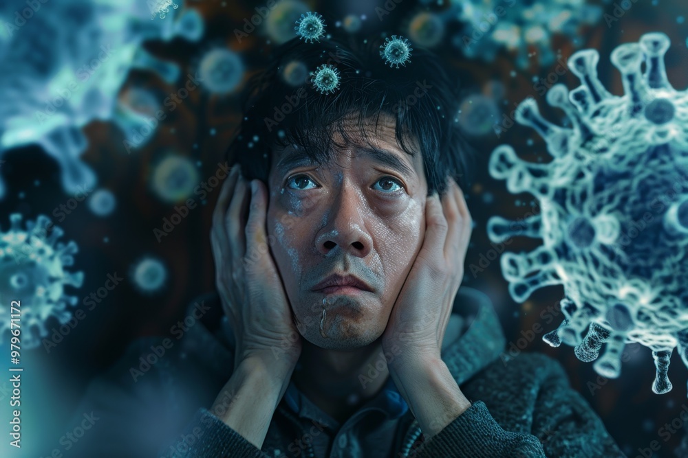 Urban scene is closely observed worried man staring ahead. Asian man's ...