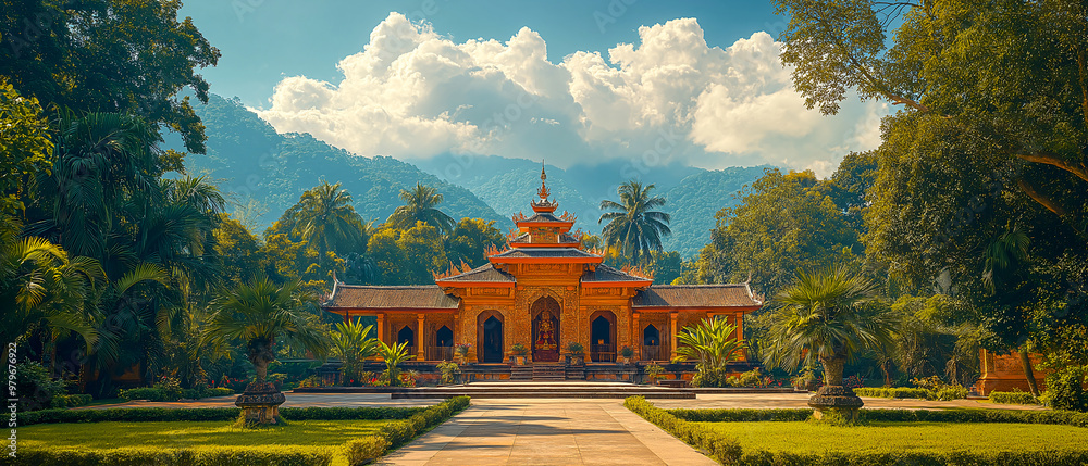 Tranquil Temple Oasis: A serene Buddhist temple nestled amidst lush ...