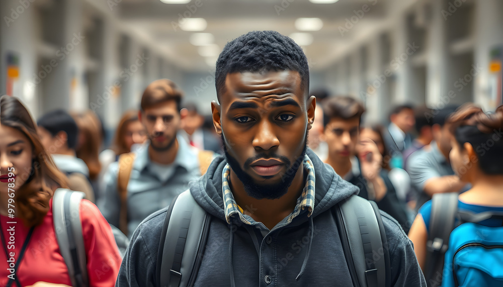 Bullying, depression and sad university student, black man and mental ...