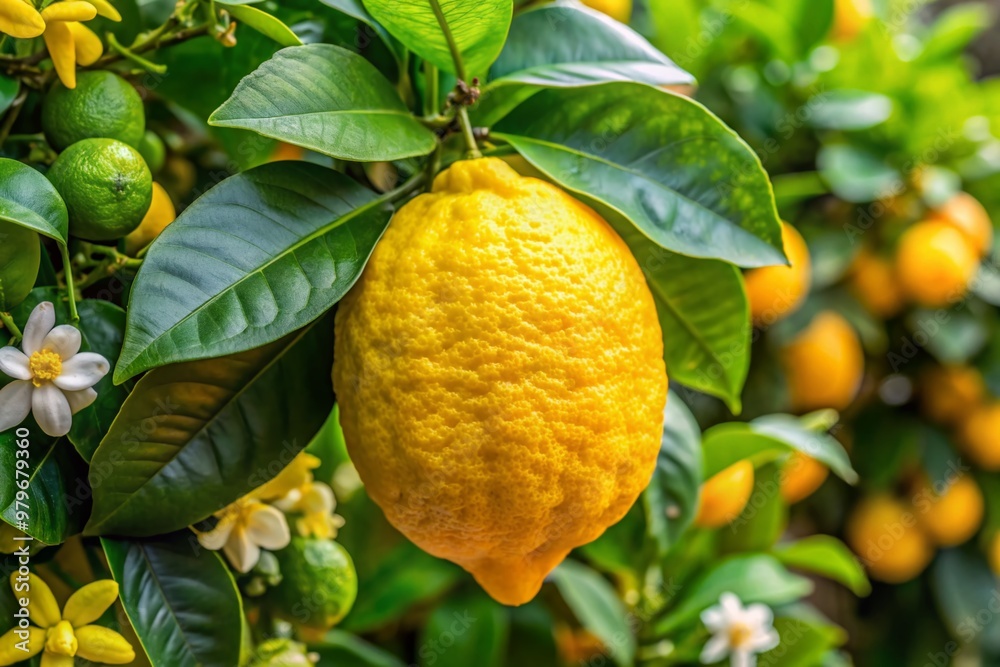 Vibrant yellow organic citron with finger-like protrusions, surrounded ...