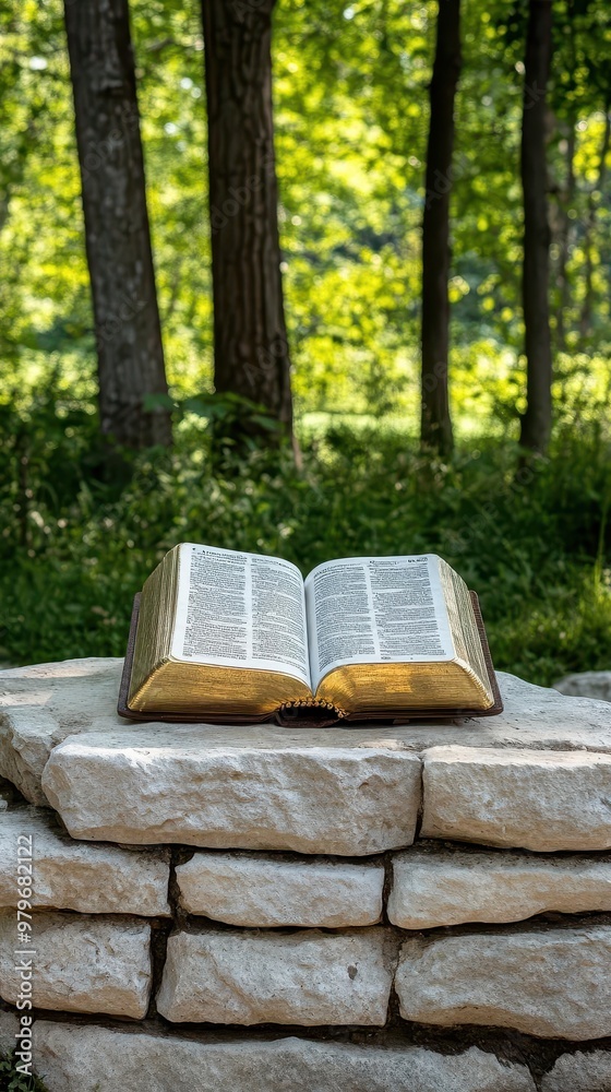 Bible open on a stone altar in an outdoor setting, surrounded by nature ...