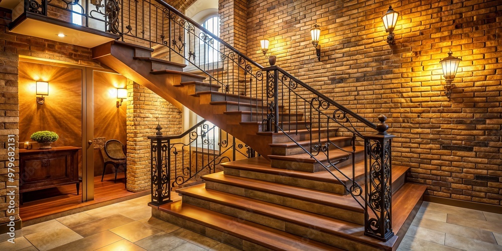 Warm and inviting staircase featuring brick tiles, ornate metal railing ...