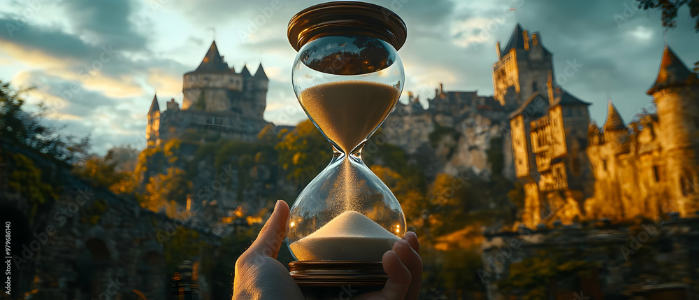 A graceful hourglass held against a stunning medieval castle backdrop ...