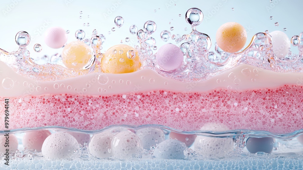 A cross-section of skin layers showing hydration bubbles infusing into ...
