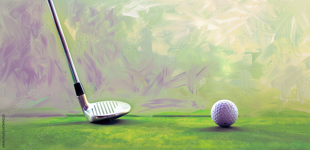 Realistic Detailed 3d Golf Ball and Stick on a Green Field Background ...