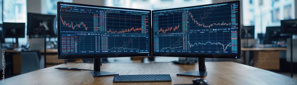 A dual-monitor setup for monitoring stock figures on one screen and ...