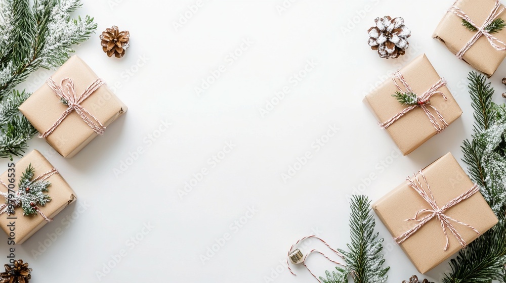 Festive holiday gifts wrapped in rustic kraft paper, adorned with twine ...