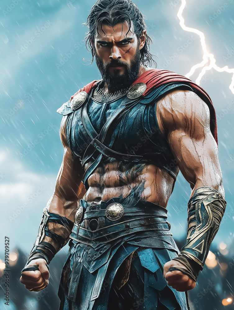 A powerful mythical warrior stands amidst a storm, showing brawn ...