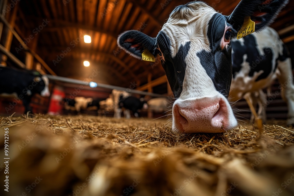 Farm animals being milked by hand in a small, cozy barn with hay ...