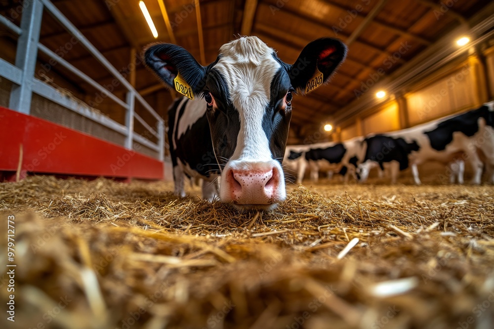 Farm animals being milked by hand in a small, cozy barn with hay ...