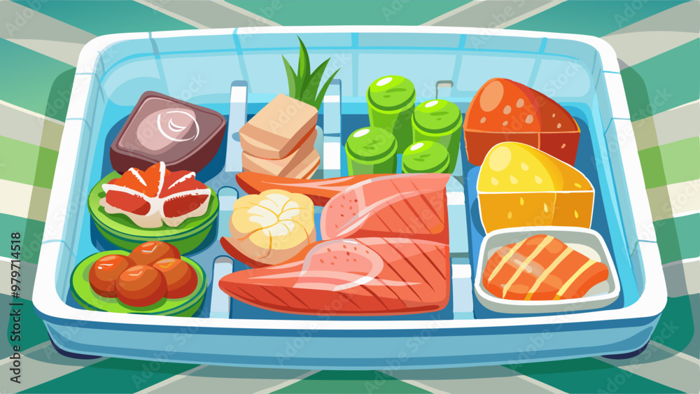 Frozen seafood and meat in plastic package with polyethylene wrap ...