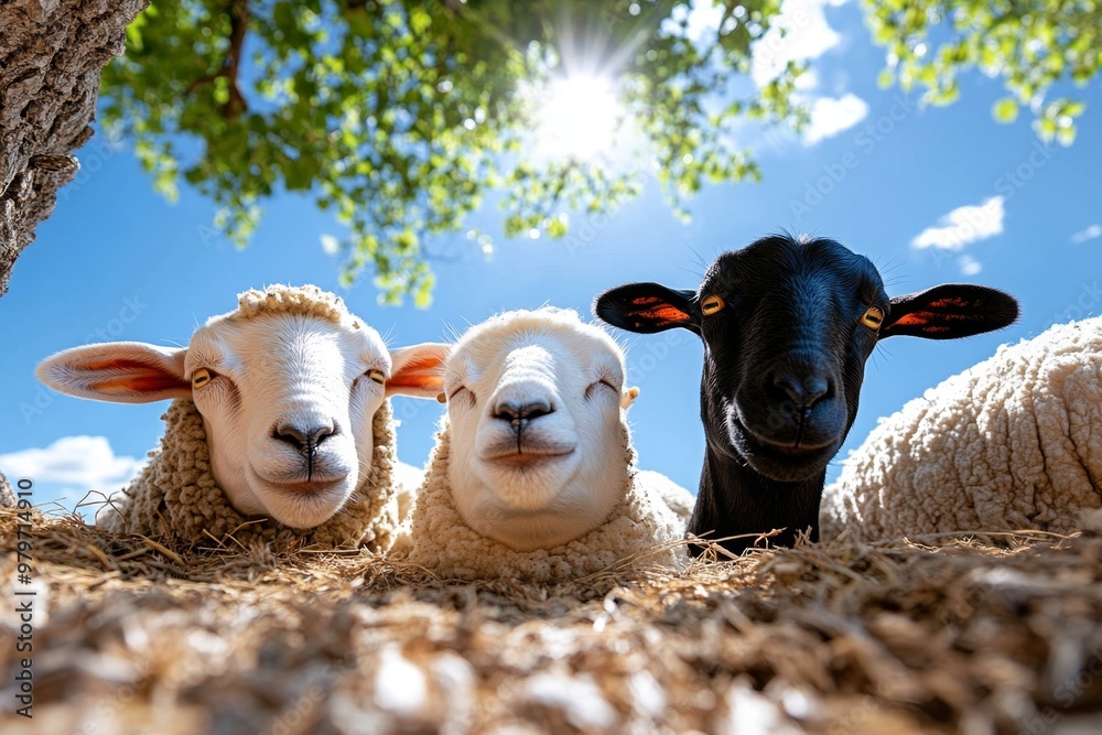 Farm animals like sheep and goats resting under the shade of a tree ...