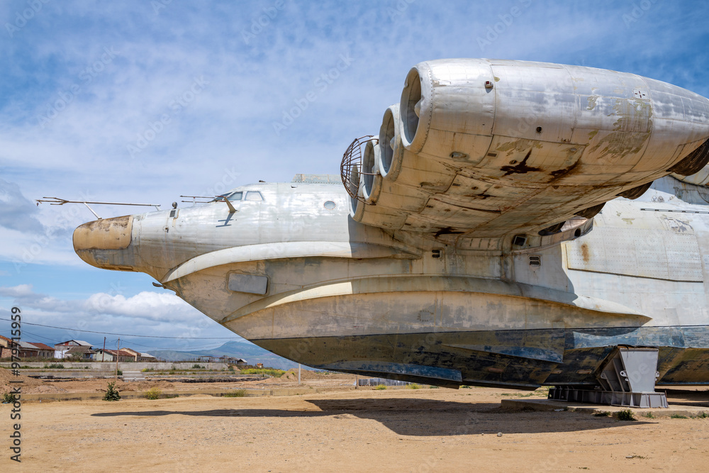 DERBENT, RUSSIA - MAY 10, 2024: The front part of the Soviet ekranoplan ...