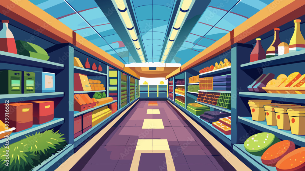 Aisle in grocery store and shelves with food vector background ...