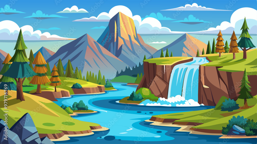 Waterfall and mountain river stream cartoon vector. Water fall cascade ...