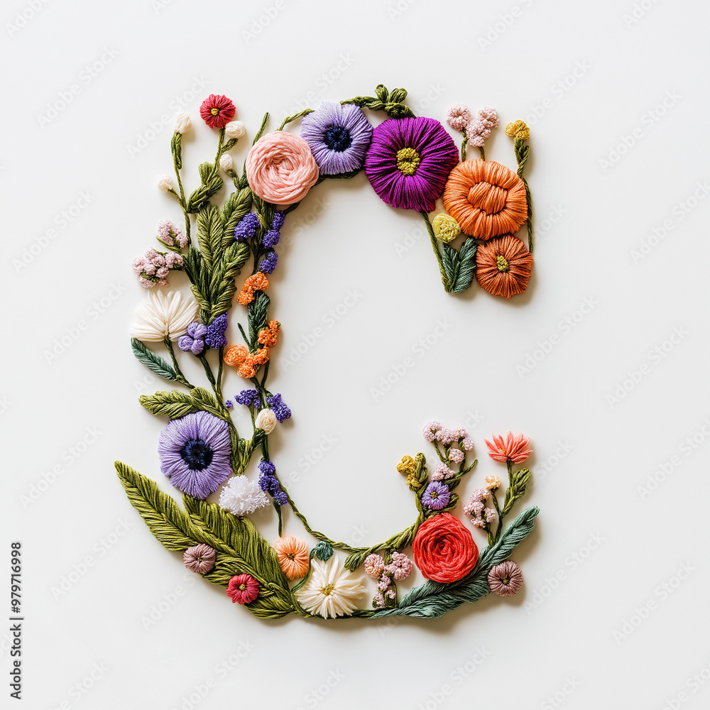 Charming floral embroidery with blooming flowers in the shape of C font ...