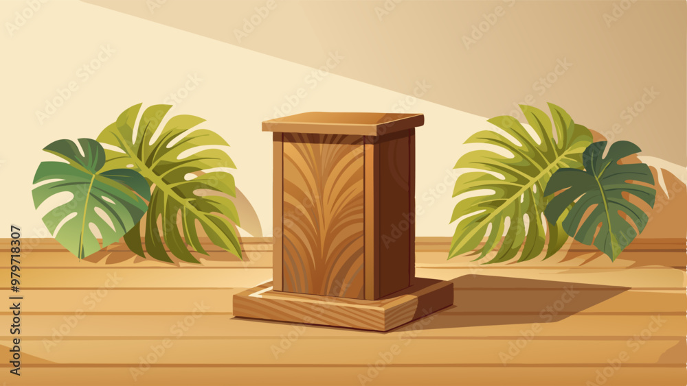 Wooden rectangular with rounded corners product podium on floor of ...