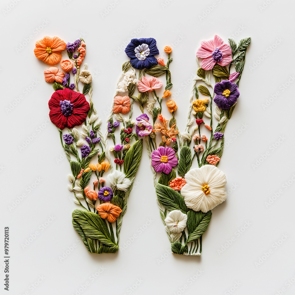 Charming floral embroidery with blooming flowers in the shape of W font ...