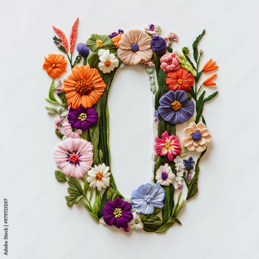 Charming floral embroidery with blooming flowers in the shape of O font ...