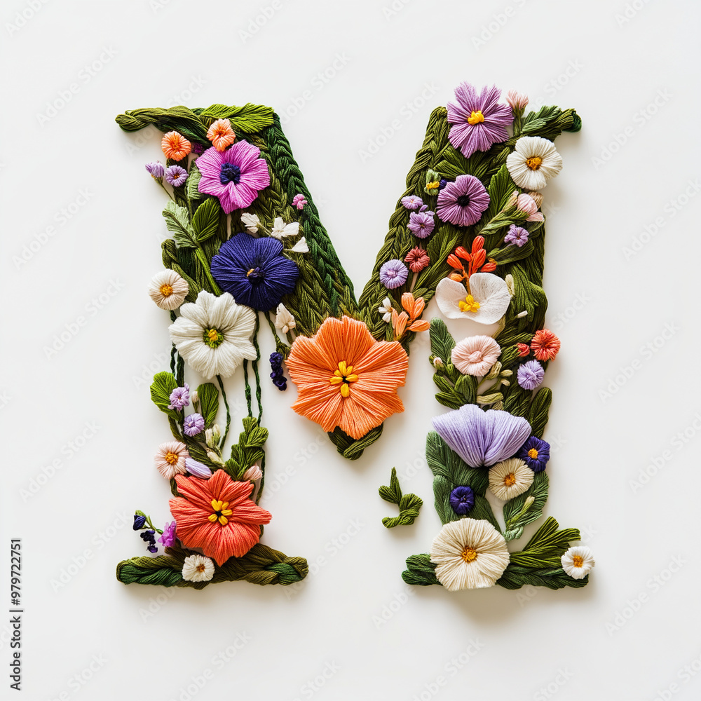 Charming floral embroidery with blooming flowers in the shape of M font ...