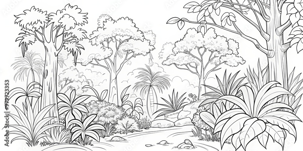 amazing black and white forest coloring. Forest coloring for kids and adults. Stock Illustration ...