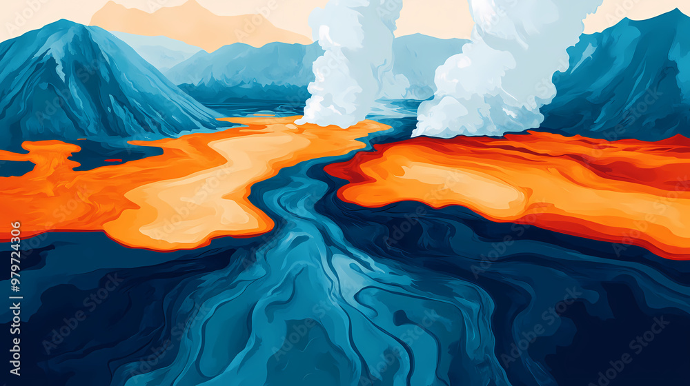 Geothermal energy flat design top view volcanic area water color split ...