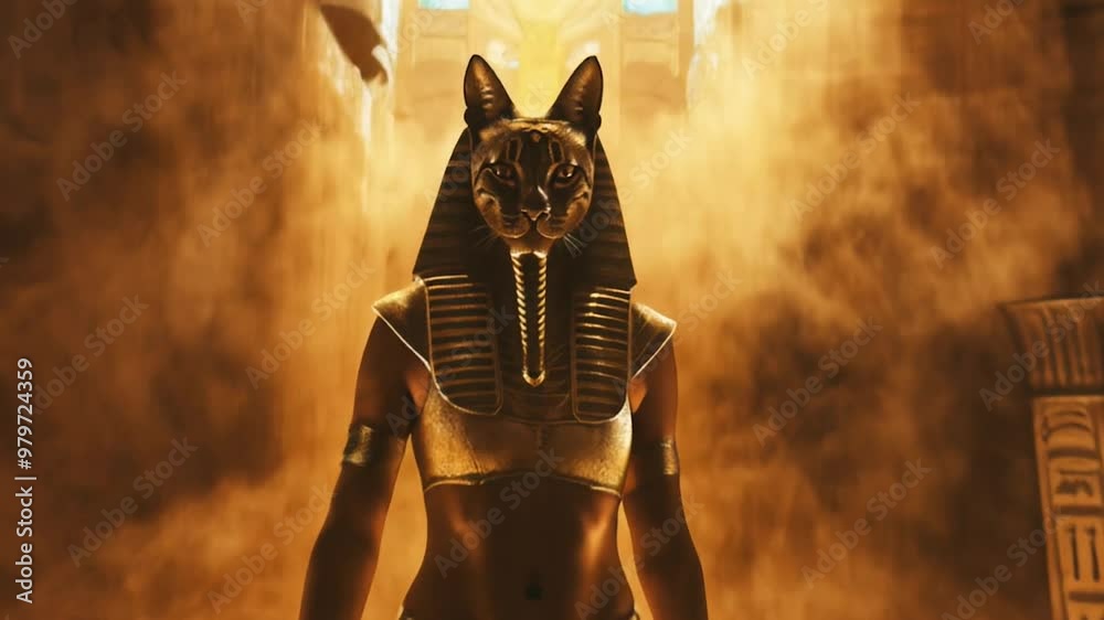 Egyptian cat goddess figure of Bastet. Golden light and smoke effects ...