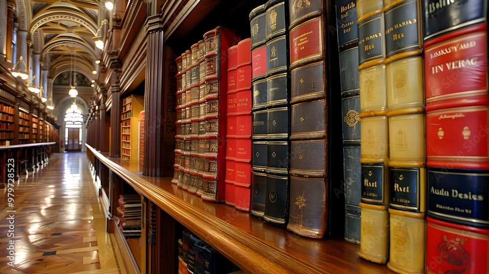 A Close-Up of Books on a Shelf in a Grand Library with Arched Ceilings ...
