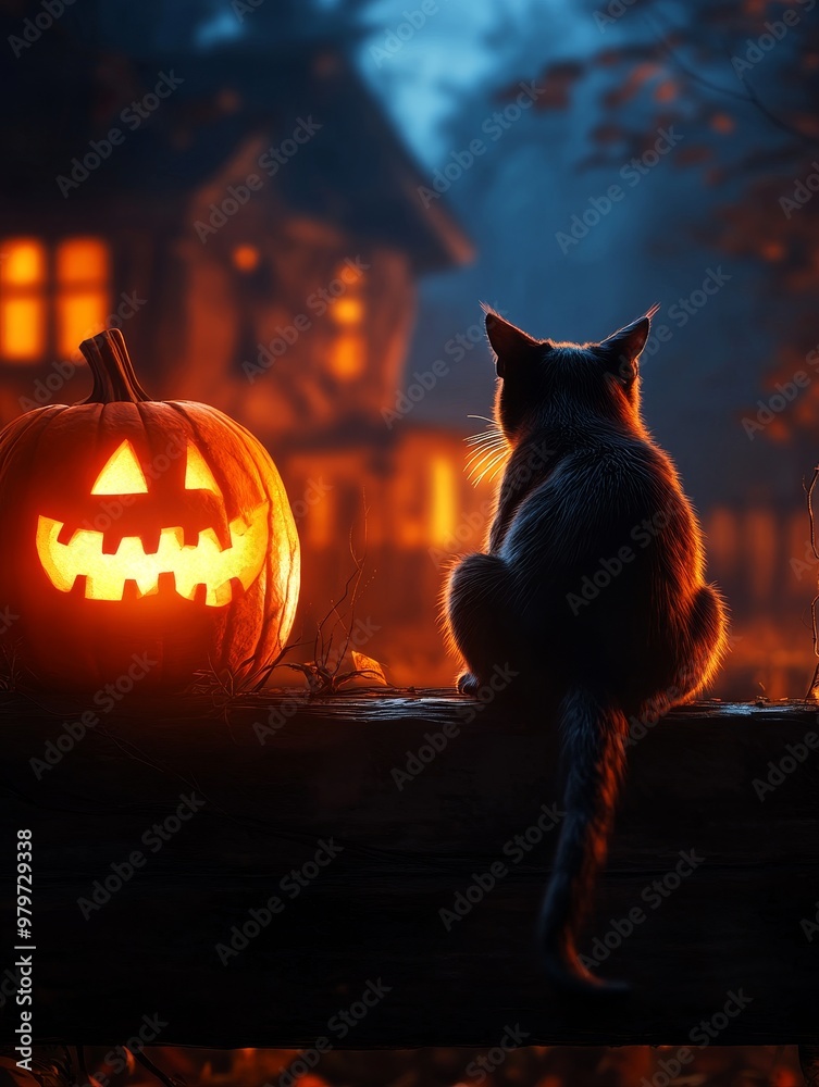 A black cat with a crooked tail sits on a fence, gazing at a glowing ...