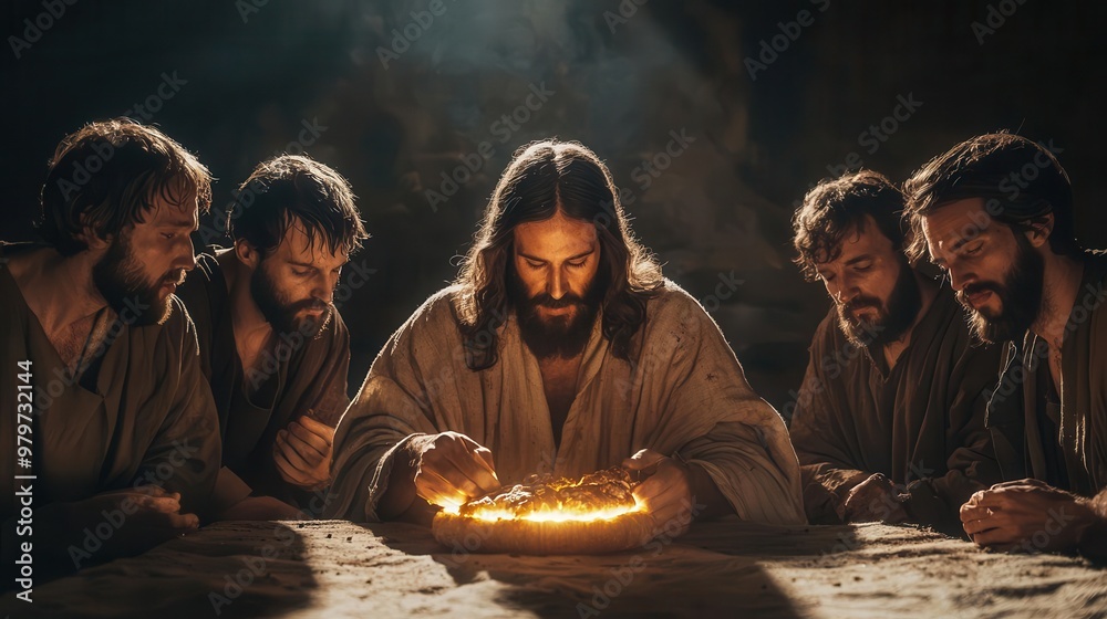Jesus breaking bread with the disciples after the resurrection, light ...