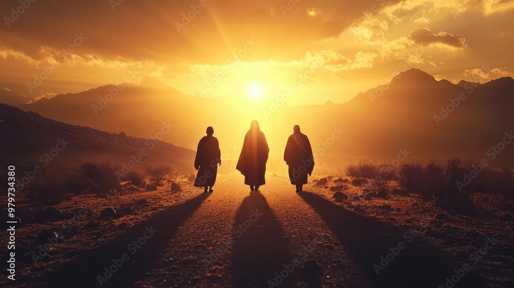Jesus walking along the road to Emmaus with two disciples, radiant ...