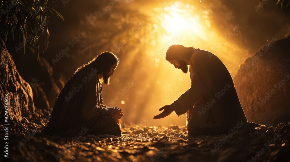 Mary Magdalene kneeling before the resurrected Jesus in the garden ...