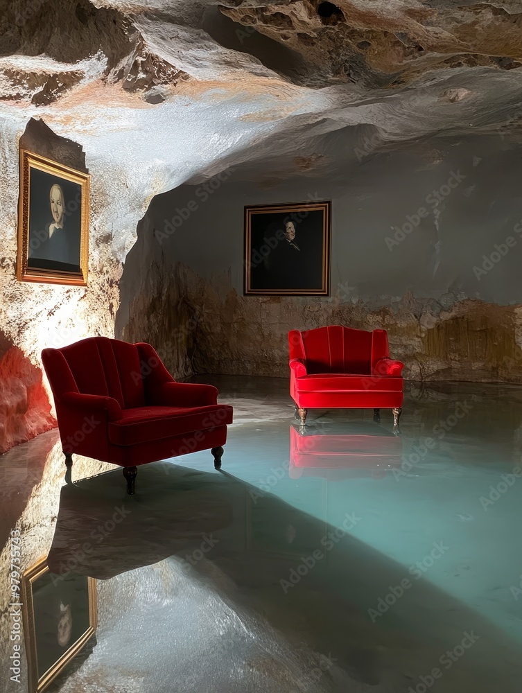 A mysterious and captivating cave interior with red velvet furniture ...