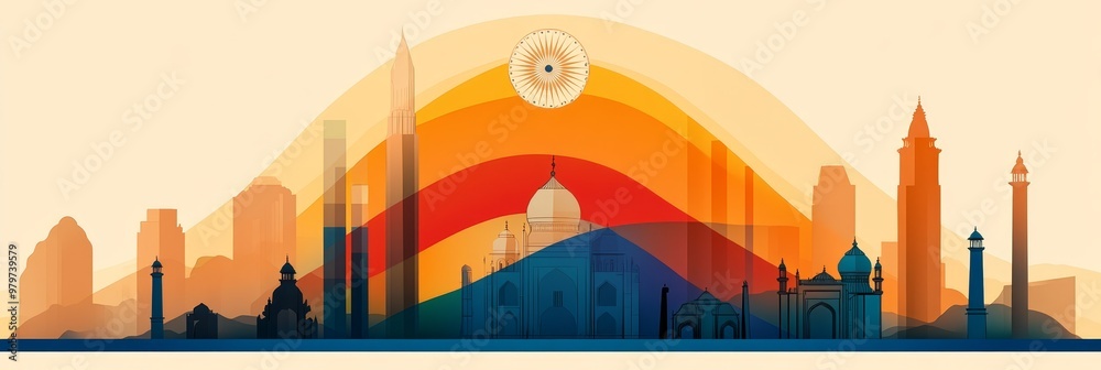 A vibrant illustration depicting iconic landmarks of India ...