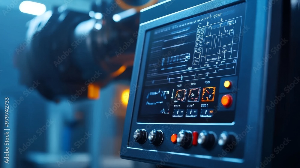 Close-up of a CNC machine control panel with buttons, display, and data ...