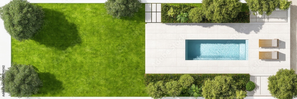 Top view 3D landscape design plan with house, swimming pool, grass, and ...
