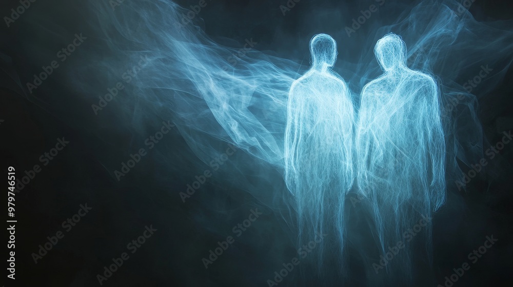 Two ethereal figures stand connected by an invisible force, symbolizing ...