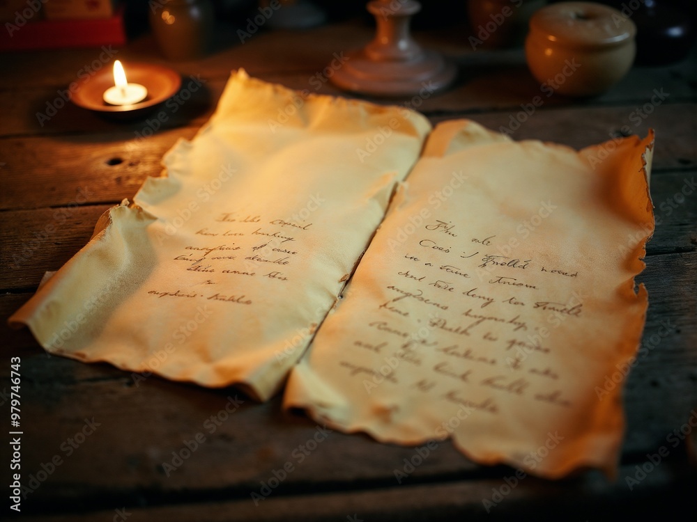 Handwritten script on aged parchment paper illuminated by candlelight ...