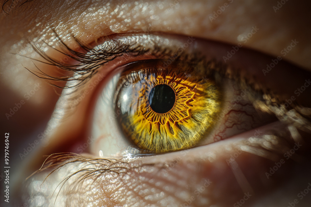 Frontal closeup photograph of an eye, with a [Ñ†Ð²ÐµÑ‚] amber pupil on ...