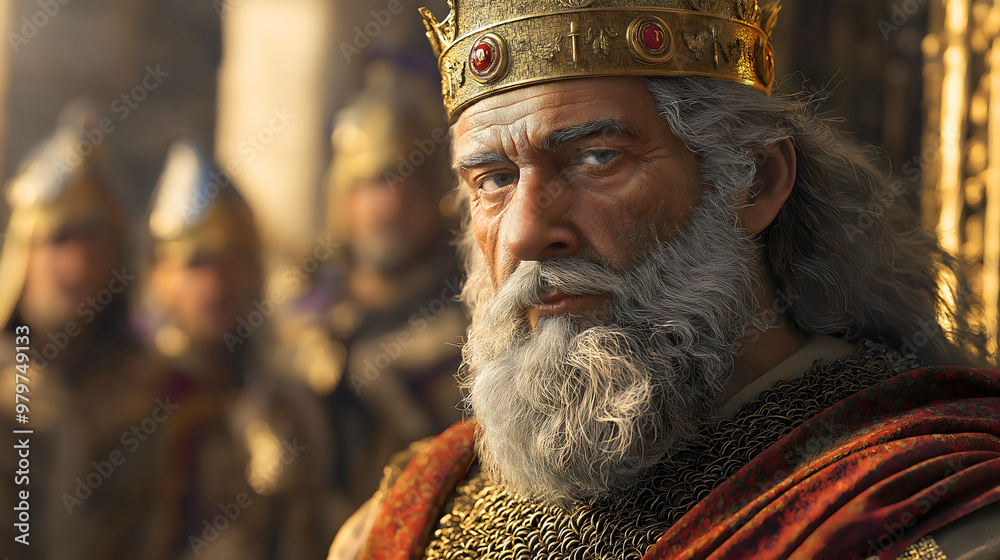 King David in his palace, surrounded by his army granted by God. David ...