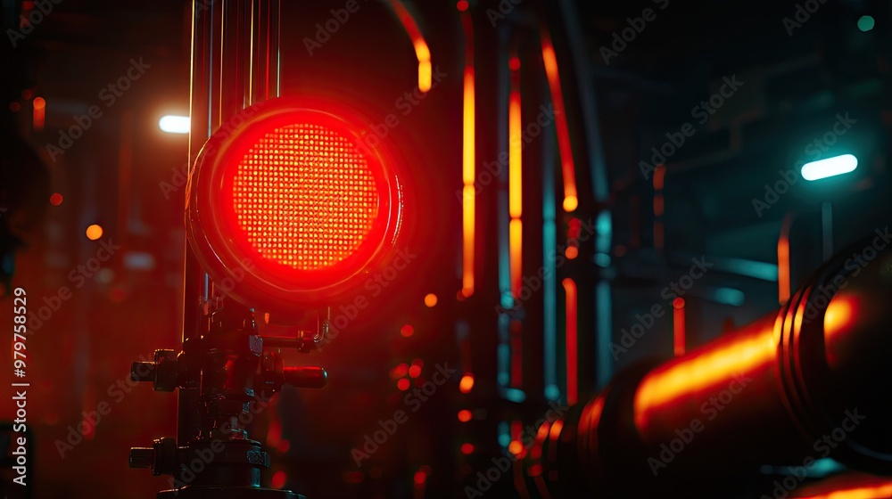 Bright red industrial signal light illuminating a dark, complex piping ...