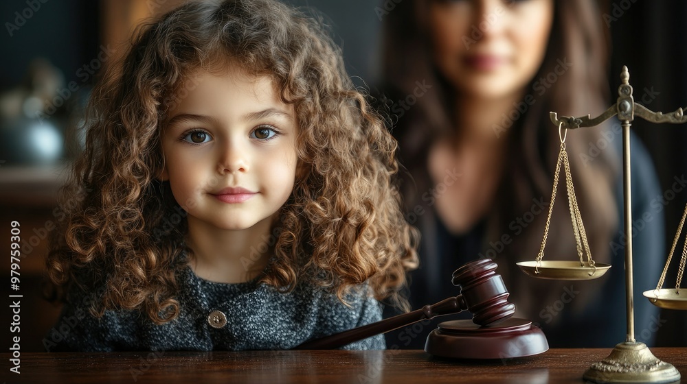 Cute child and mother at table with gavel of judge blurred in ...