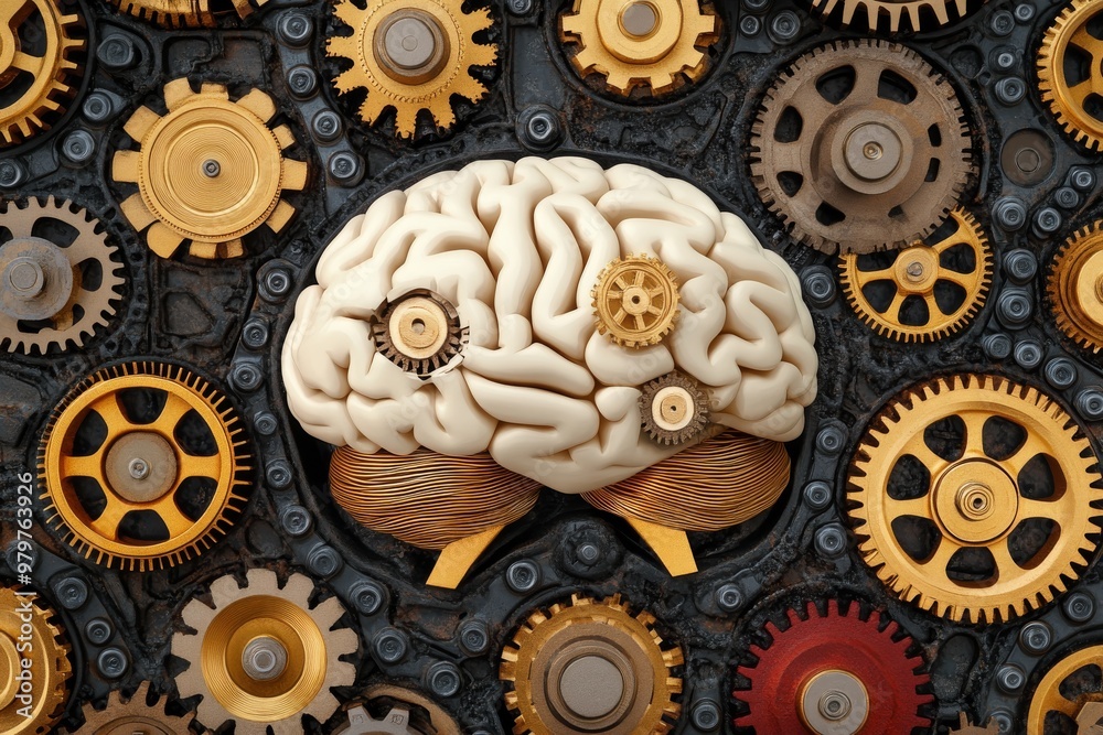 Conceptual 3D representation of a brain with interlocking gears and mechanical elements ...