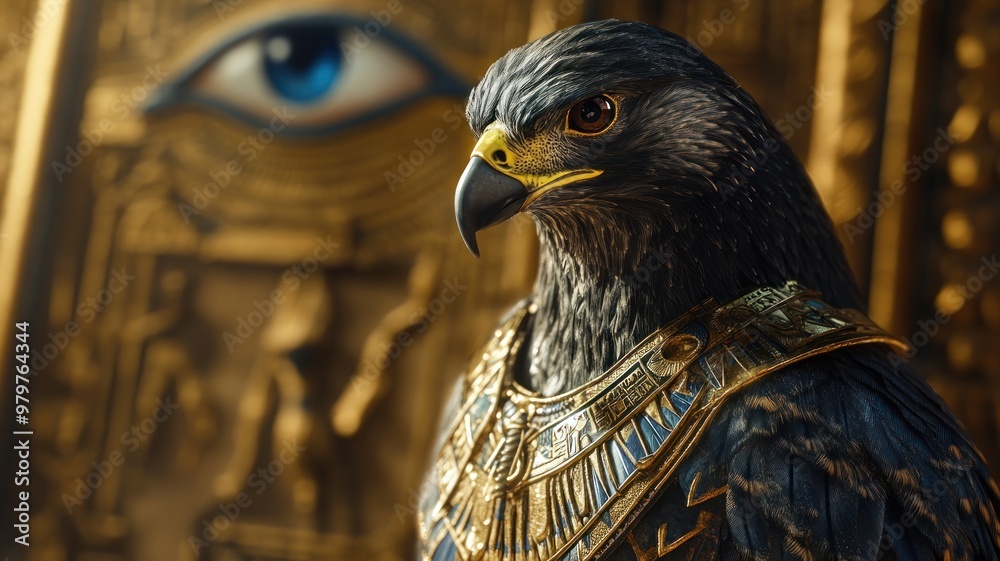 Powerful Horus, falcon-headed god, with the Eye of Horus shining ...