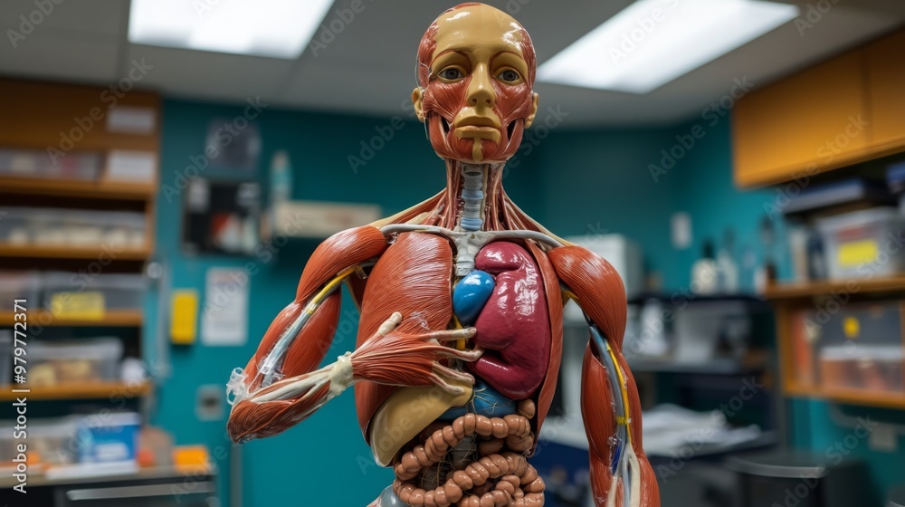 An educational scene featuring a human body mannequin with removable ...