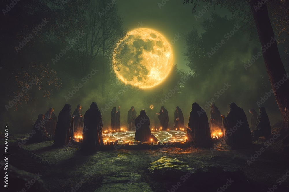 A circle of witches in black cloaks stand around the glowing moon ...