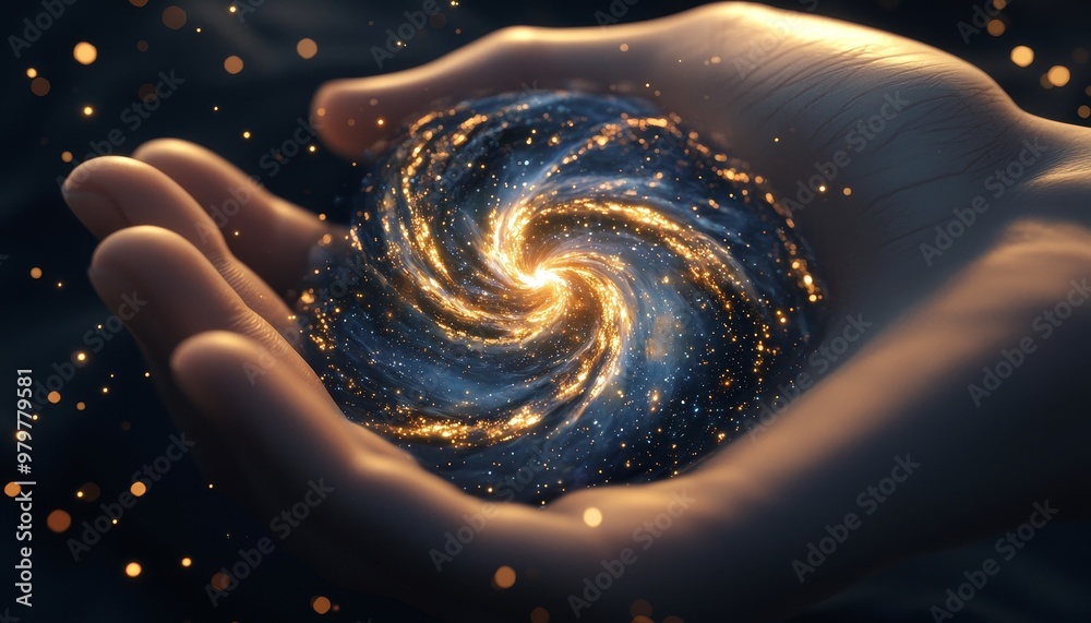 Cosmic galaxy resting in a human hand, golden and blue stars spiraling ...