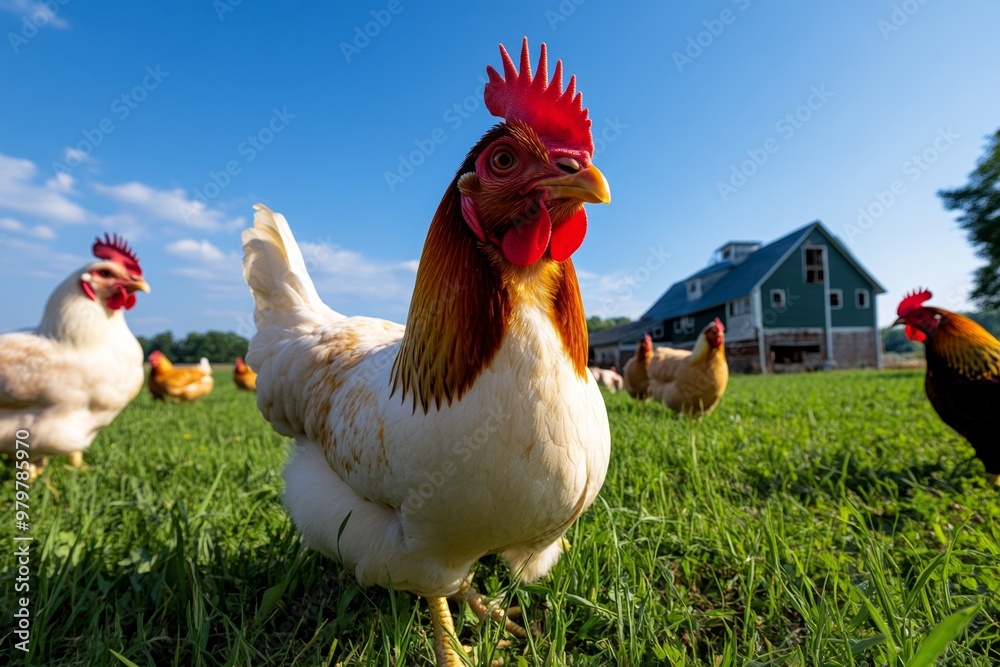 Farm animals like chickens and pigs enjoying the freedom of an open ...